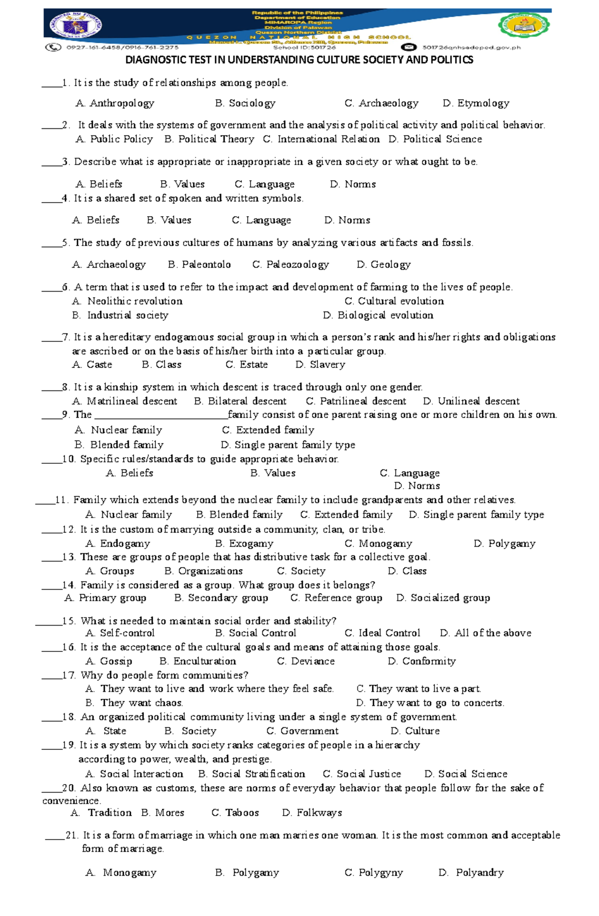 Diagnostic TEST IN Understanding Culture Society AND Politics ...