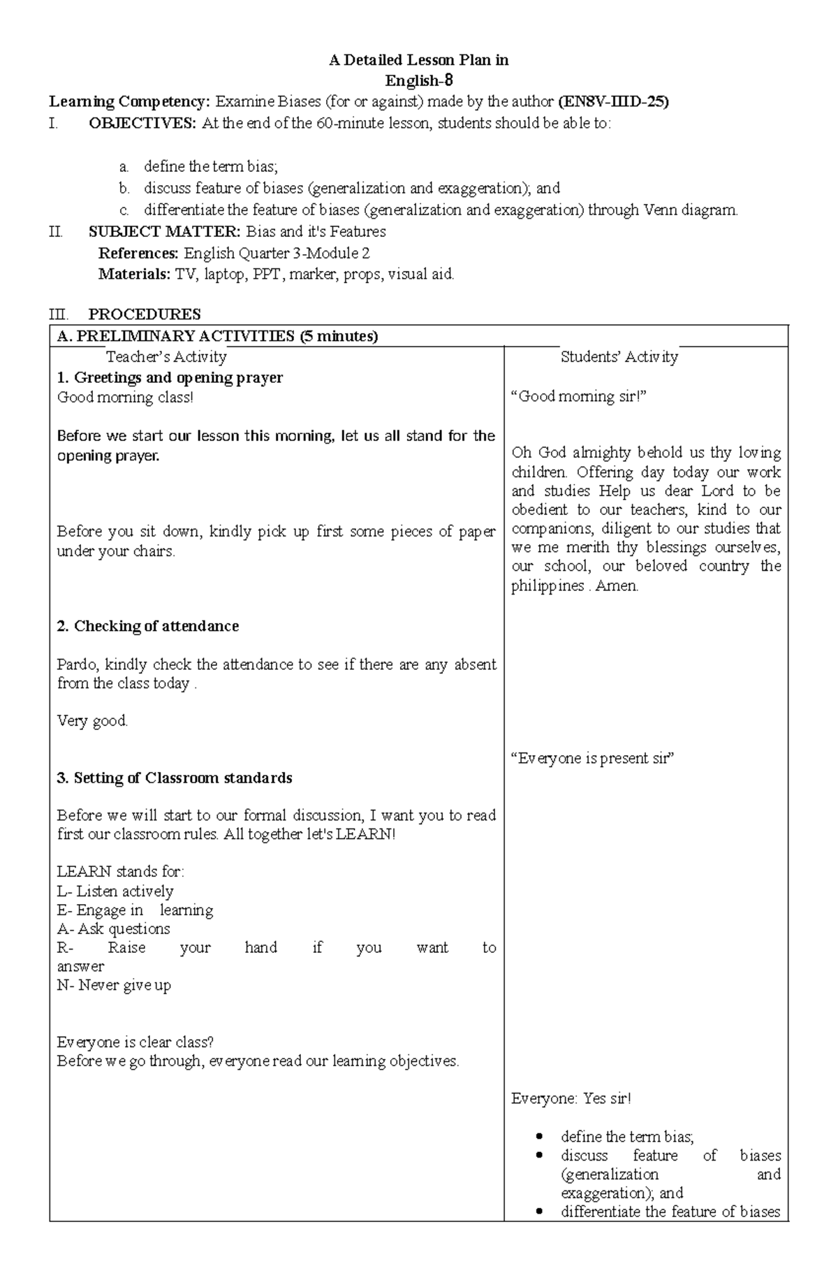Final Lesson PLAN Grade 8 additional Revise BIAS - A Detailed Lesson ...