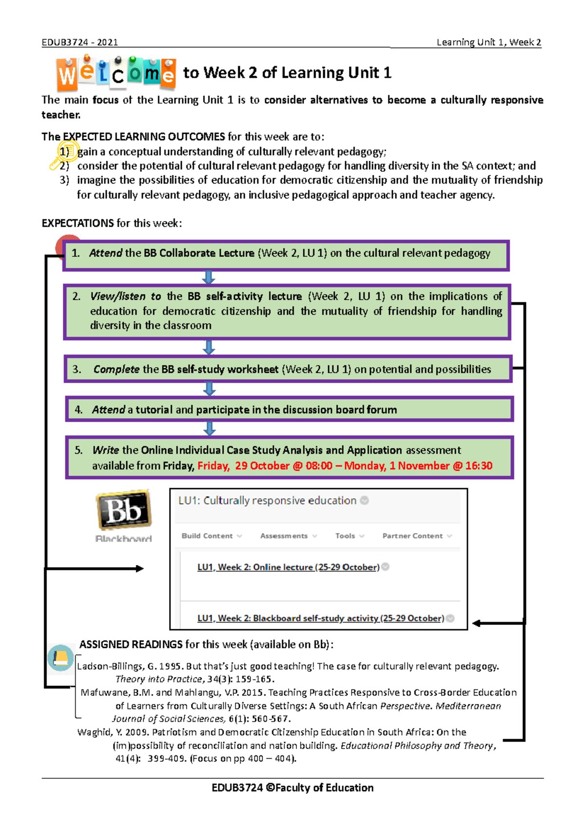 Expectations Week 2 (LU 1) - EDUB3724 - 2021 Learning Unit 1, Week 2 to ...