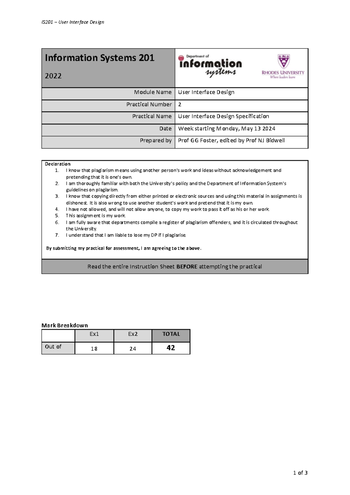 Final Practical 2 - UID 201 4 - IS 201 – User Interface Design 1 of 3 ...