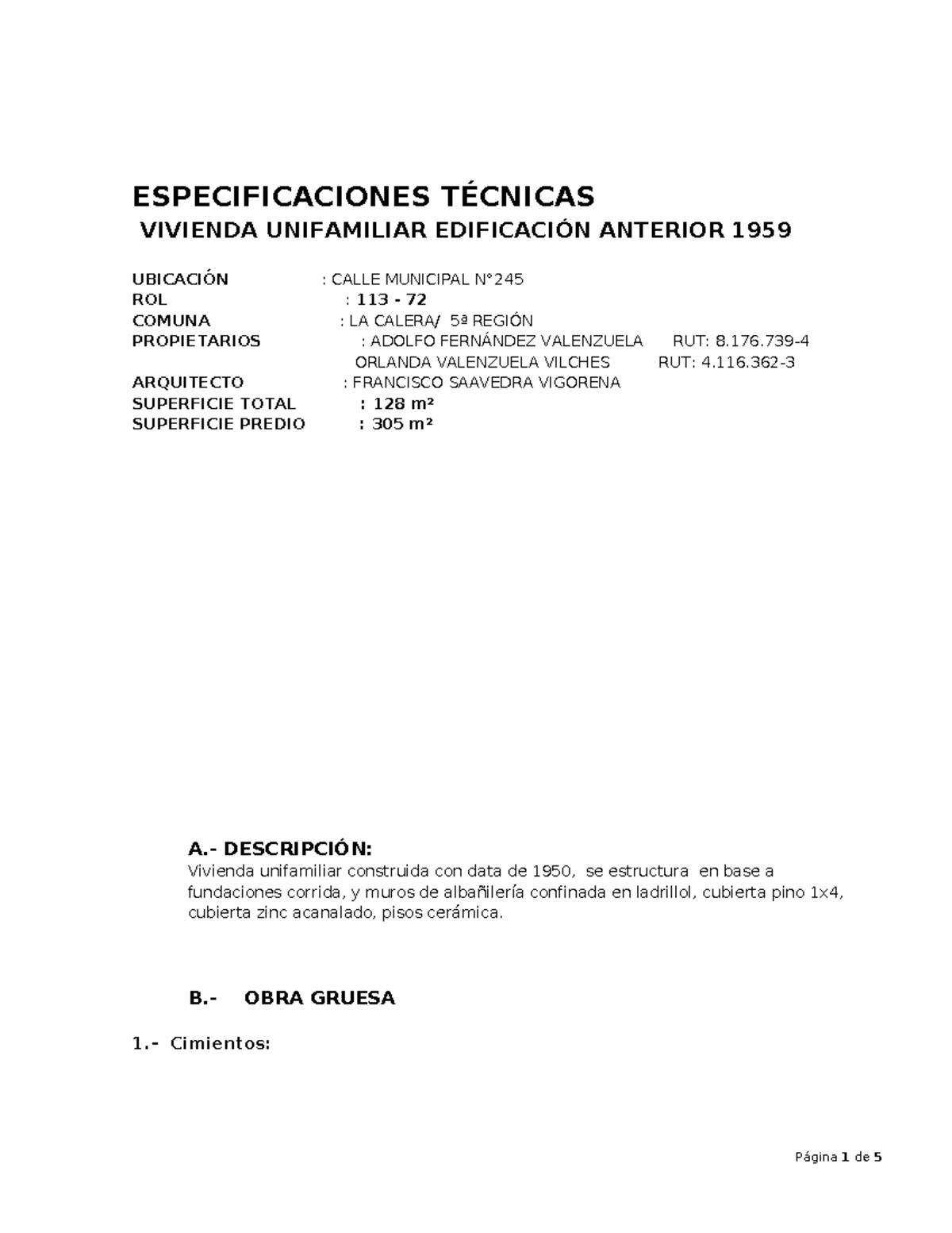 EETT municipal - especificaciones tecnicas - ESPECIFICACIONES TÉCNICAS VIVIENDA UNIFAMILIAR ...