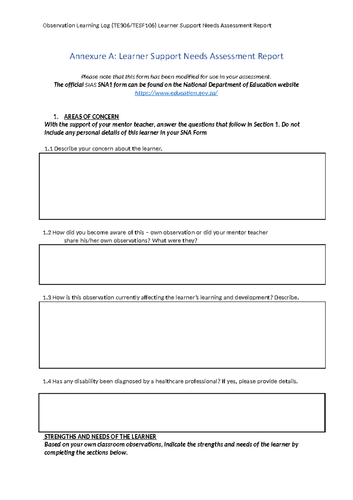 TE306 Learner Support Needs Assessment Report (editable) - Observation ...