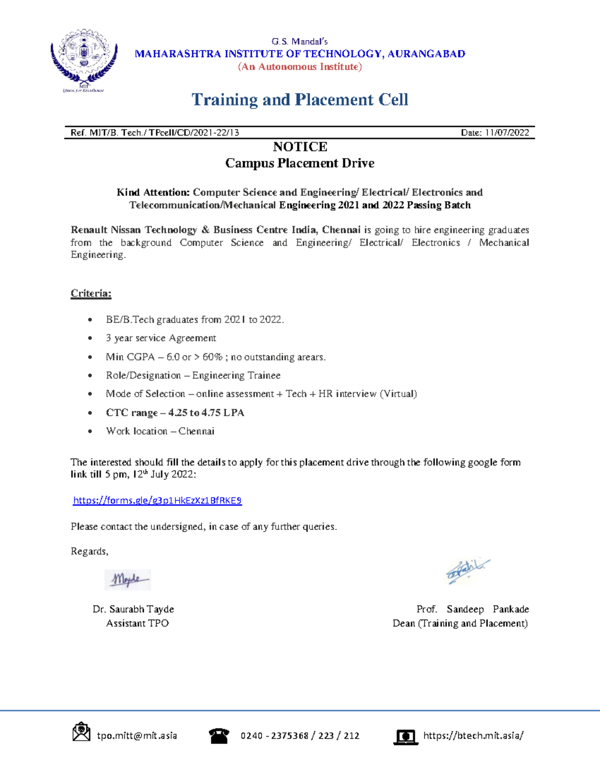Renault Nissan Technology Placement Notice - G. MAHARASHTRA INSTITUTE ...
