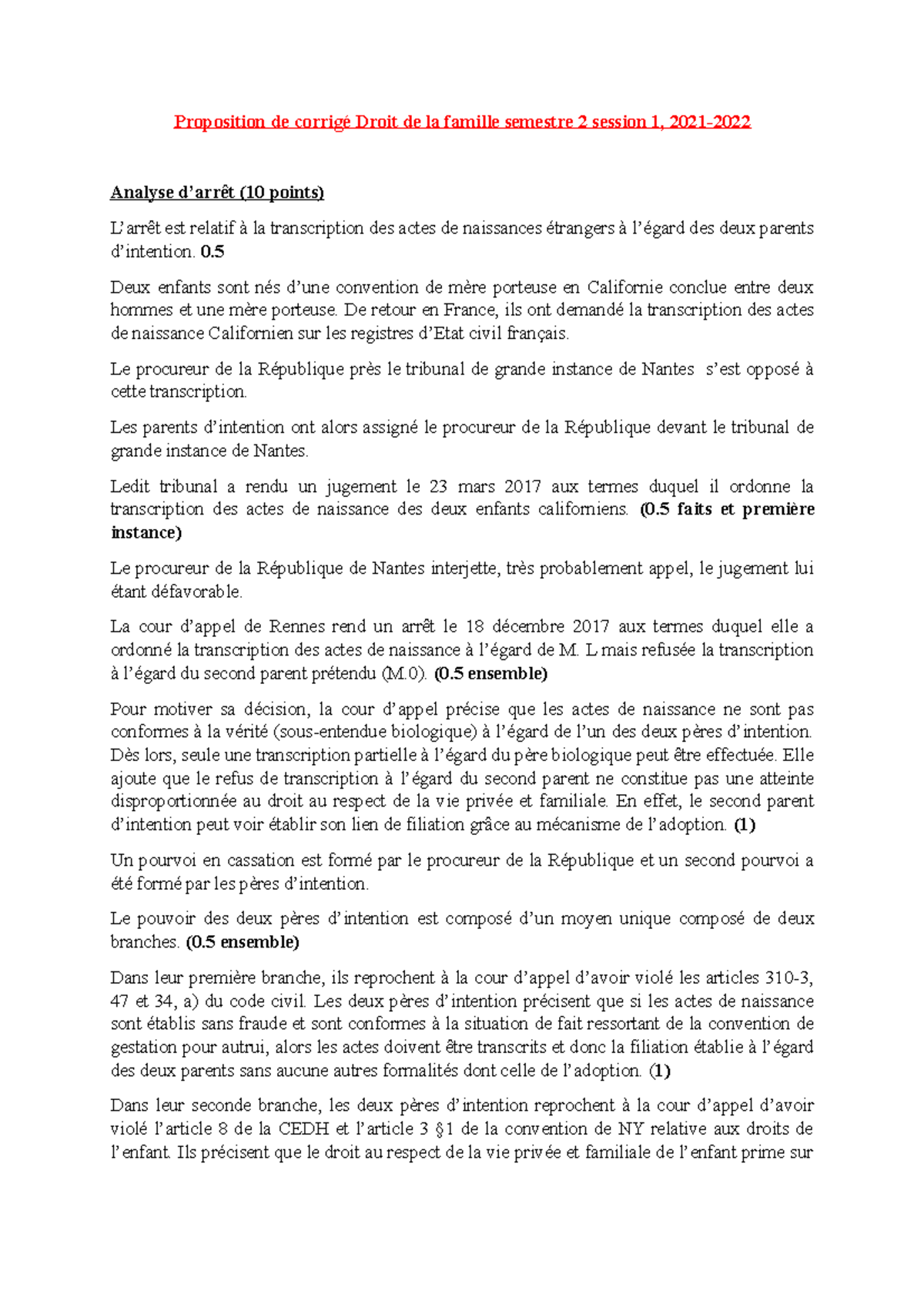 2021-2022 Proposition de corrig Ã© Droit de la famille semestre 2 session 1 2 - Proposition de ...
