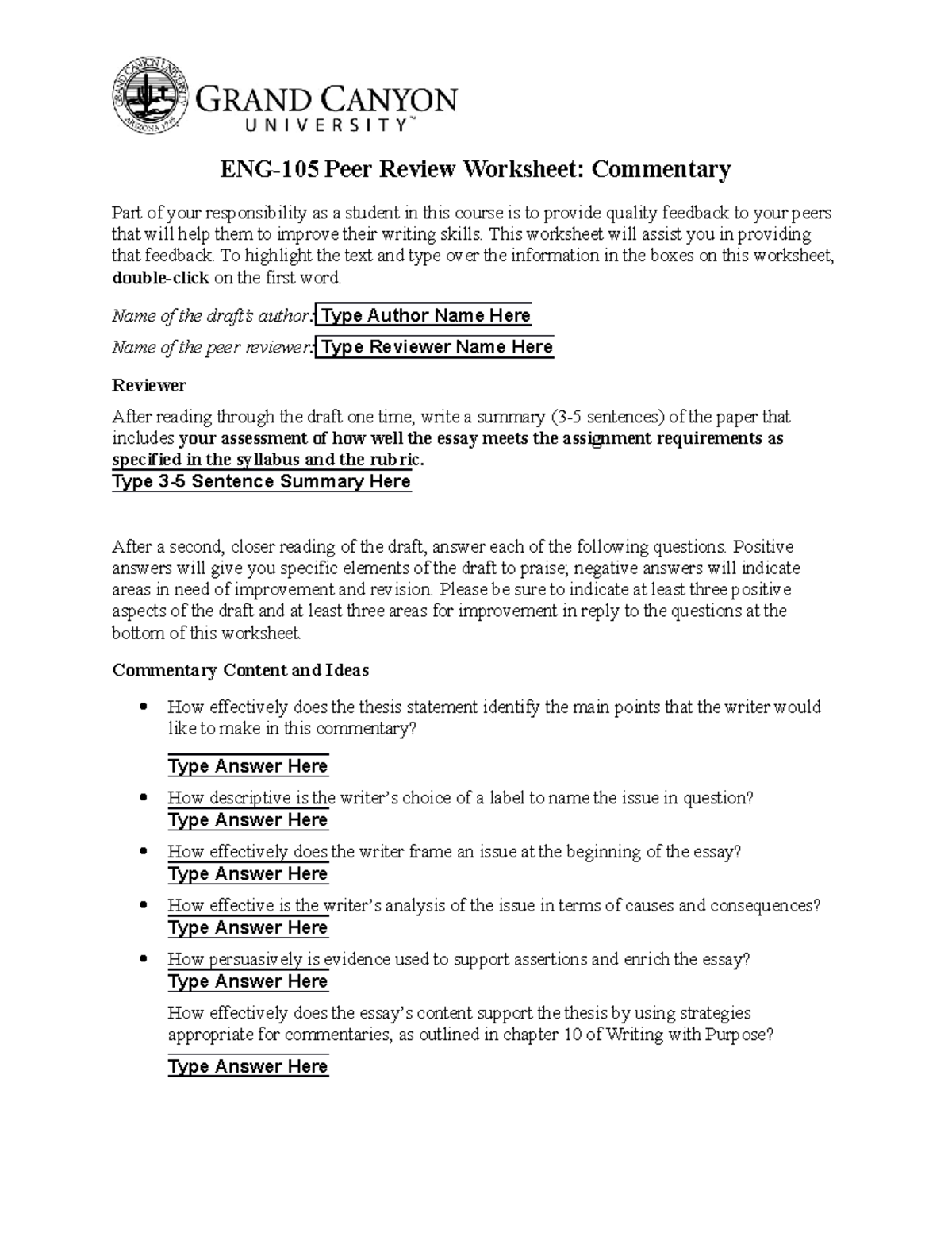 Eng 105 week 6 - ENG-105 Peer Review Worksheet: Commentary Part of your ...