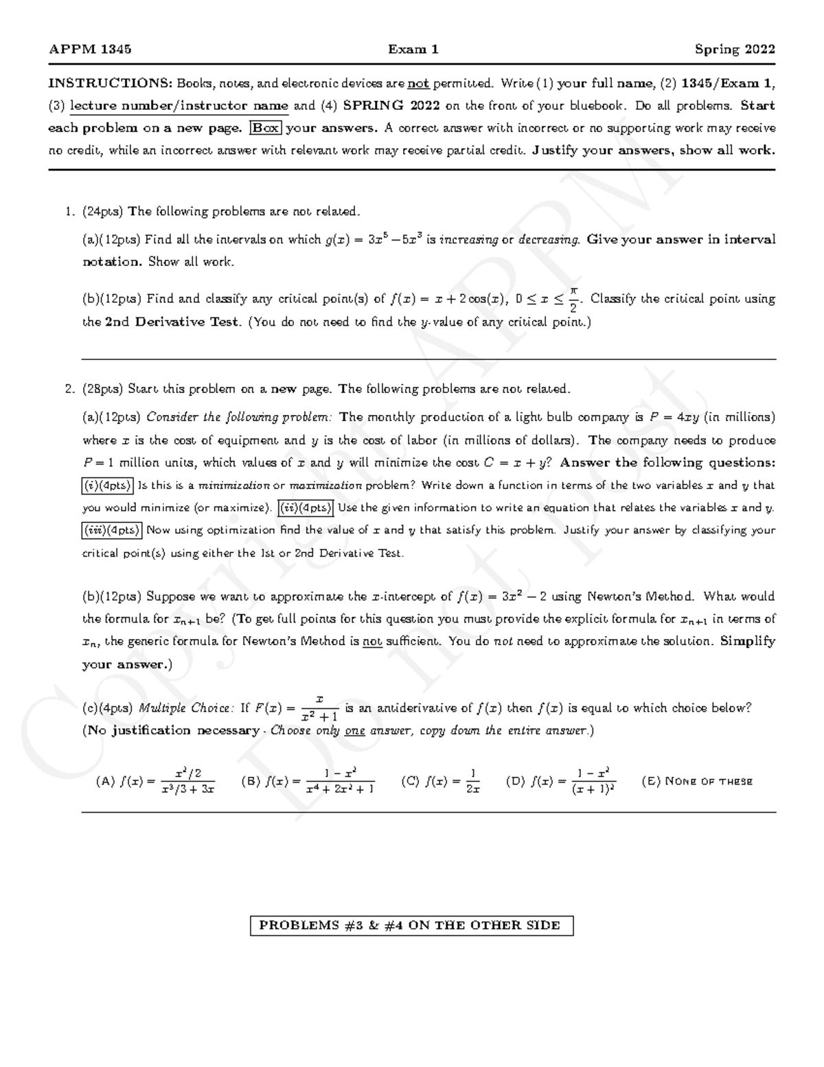 Appm 1345Practice Problems 1 - Copyright APPM Do not post APPM 1345 Exam 1 Spring 2022 ...