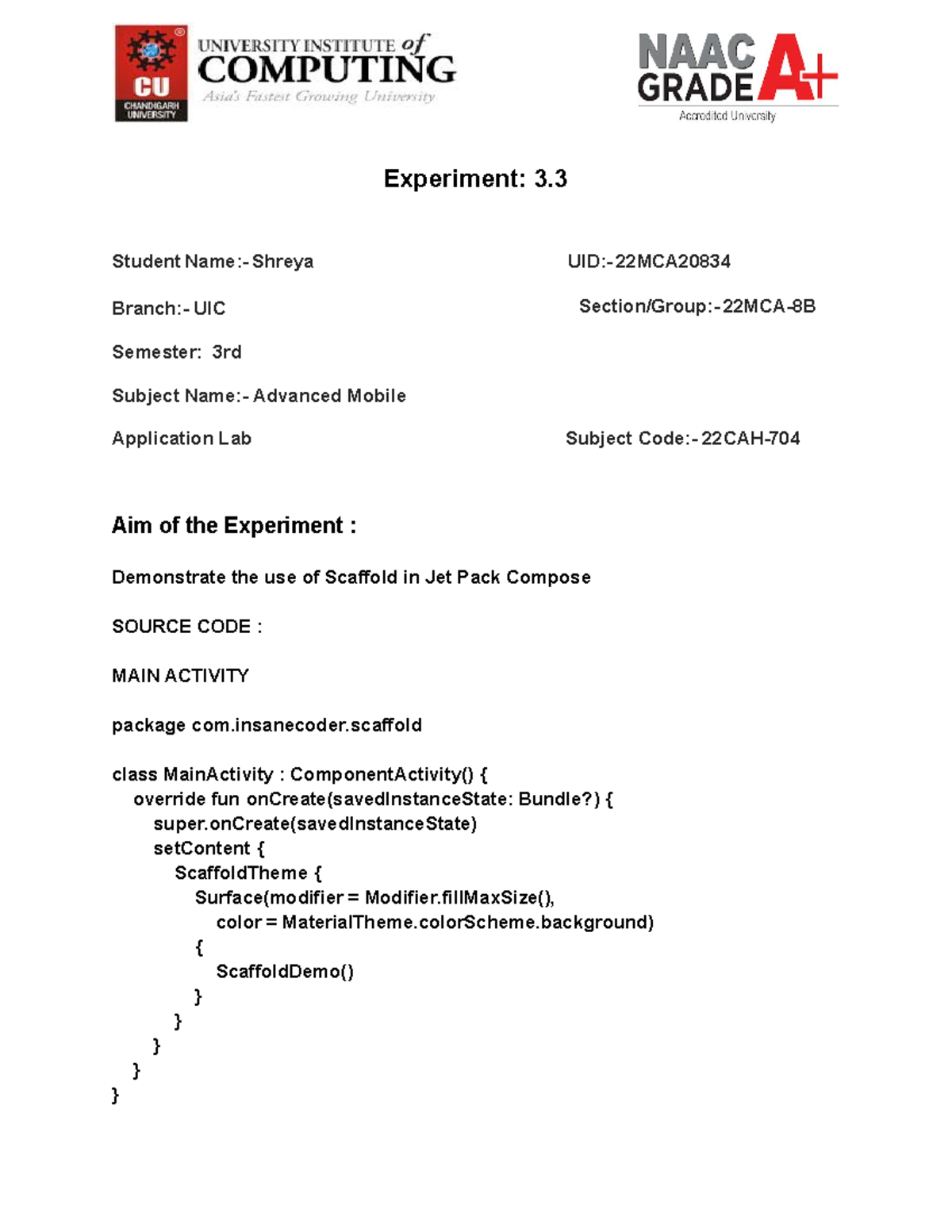 Worksheet 3 - erdgffhjjkjkl - Experiment: 3. Branch:- UIC Semester: 3rd ...
