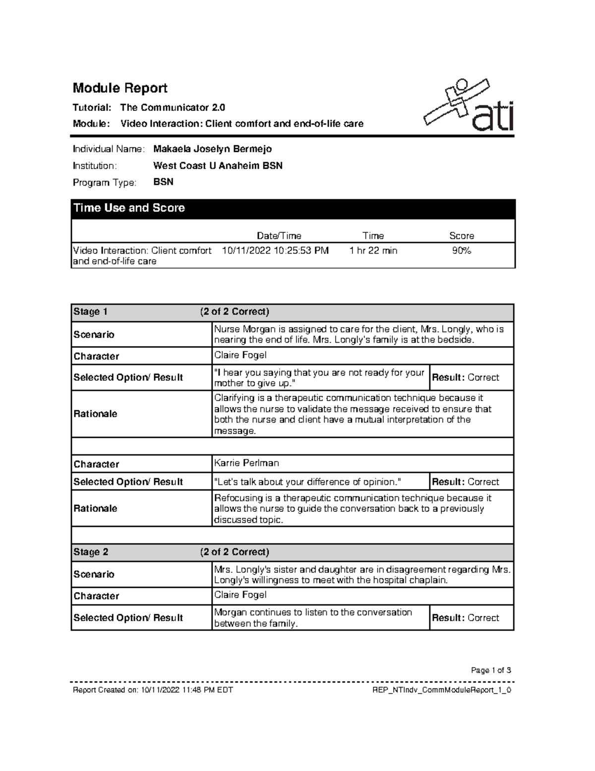 N100 client comfort and end of life care - Individual Name: Institution ...