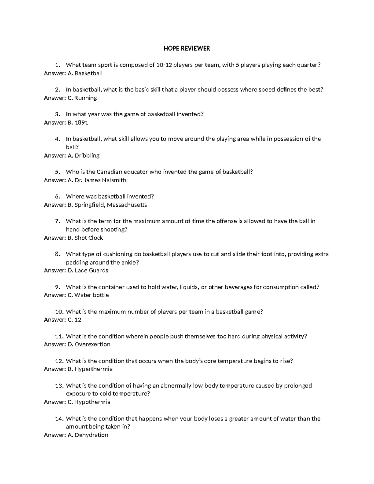 Physical Education (PE) HOPE Reviewer - HOPE REVIEWER What team sport ...