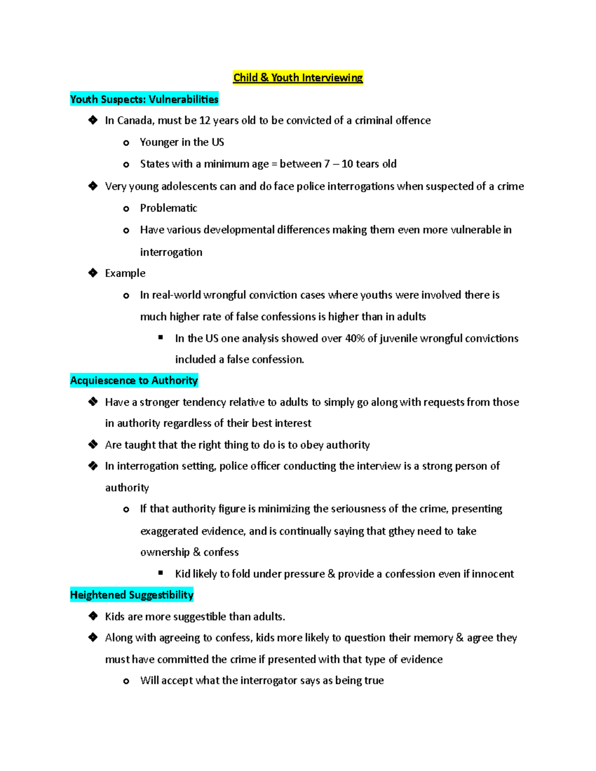 Child Interrogations detailed lecture notes from script - Child & Youth ...