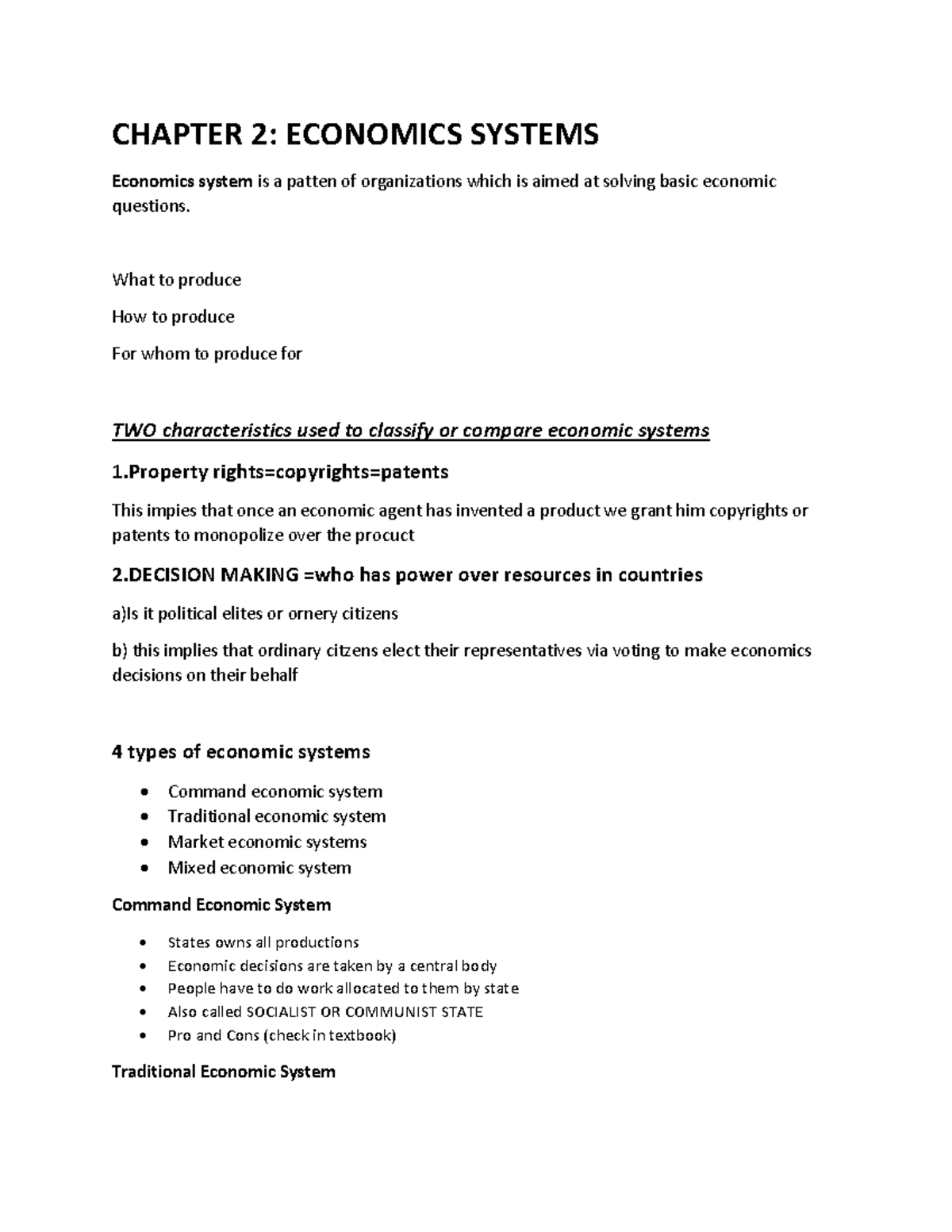 Chapter 2 SUMMARY NOtes - CHAPTER 2: ECONOMICS SYSTEMS Economics system ...