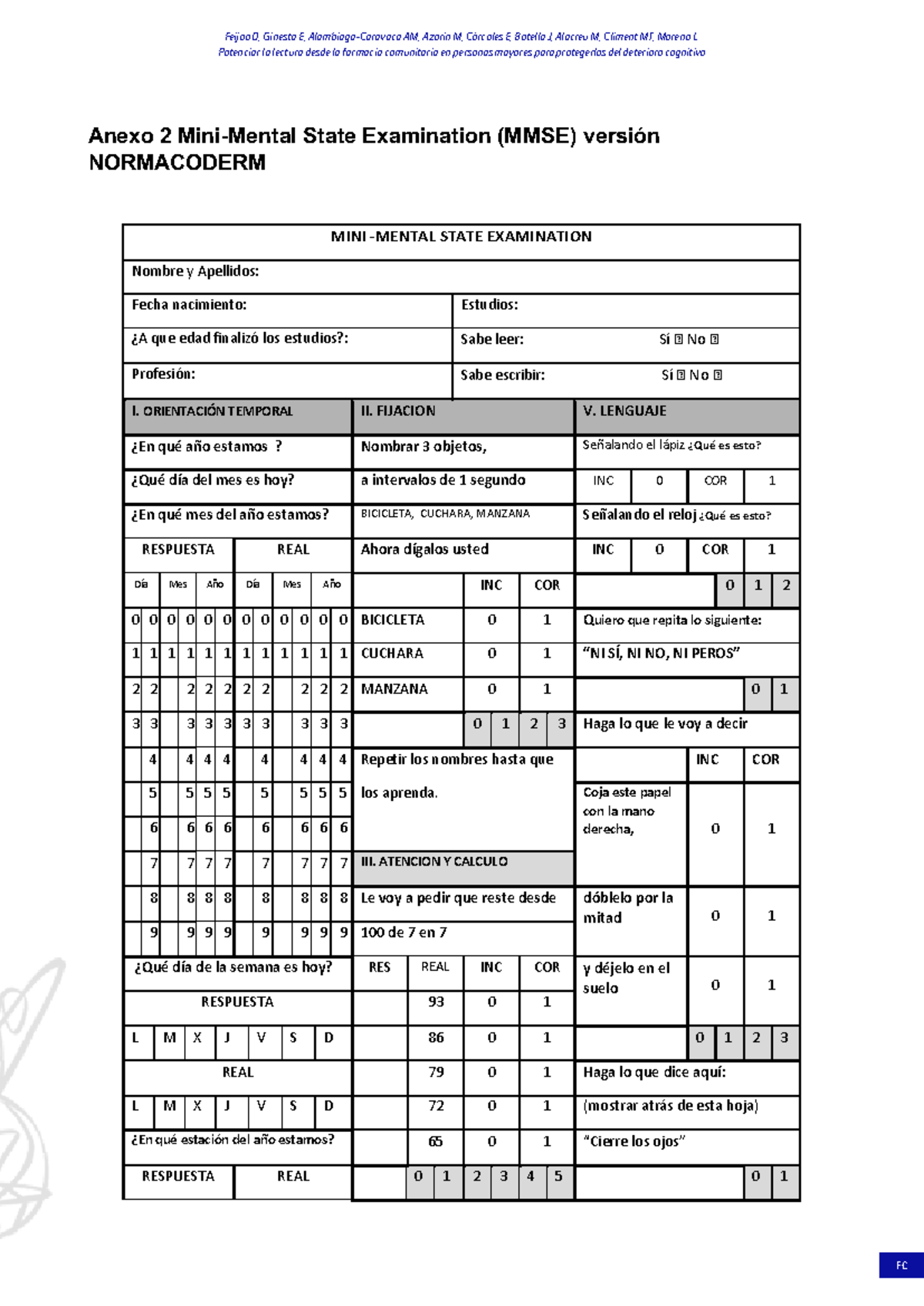Minimental - Anexo 2 Mini-Mental State Examination (MMSE) versión NORMACODERM MINI - MENTAL ...
