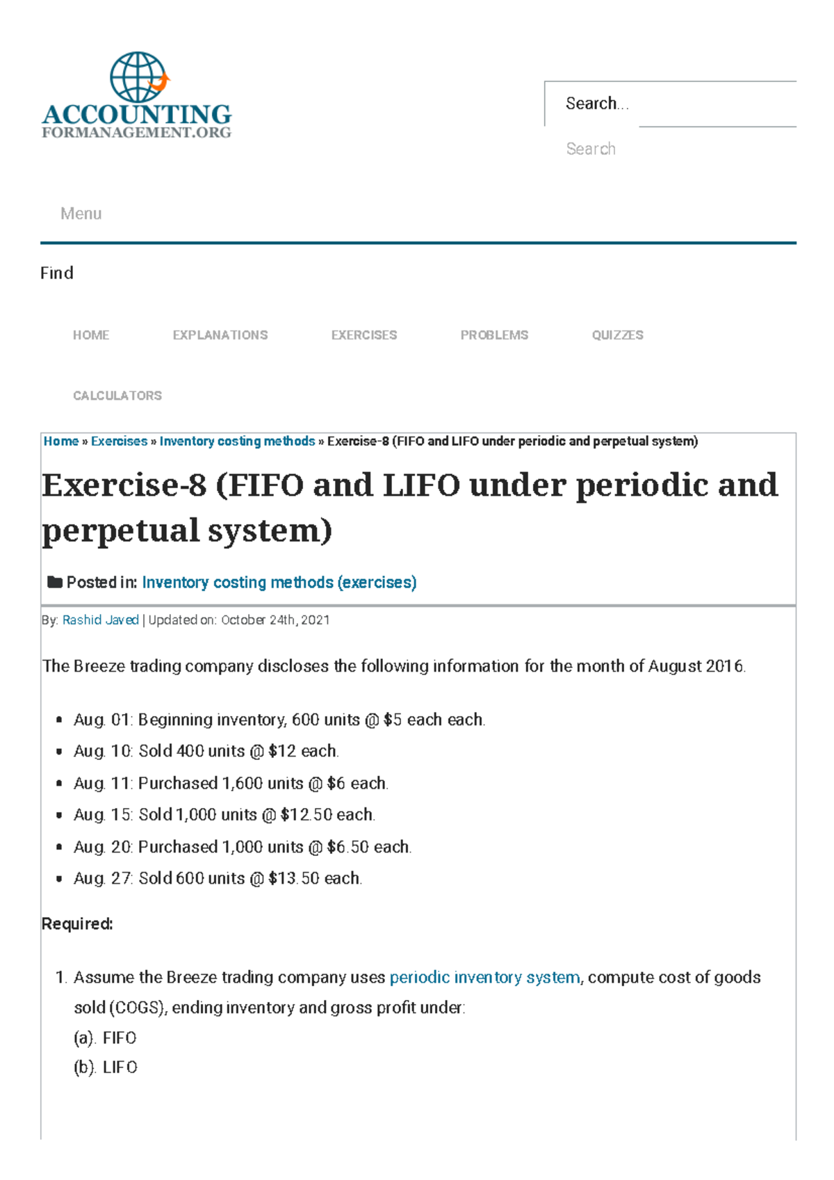 Exercise-8 (FIFO and LIFO under periodic and perpetual system) - Accounting For Management - Studocu