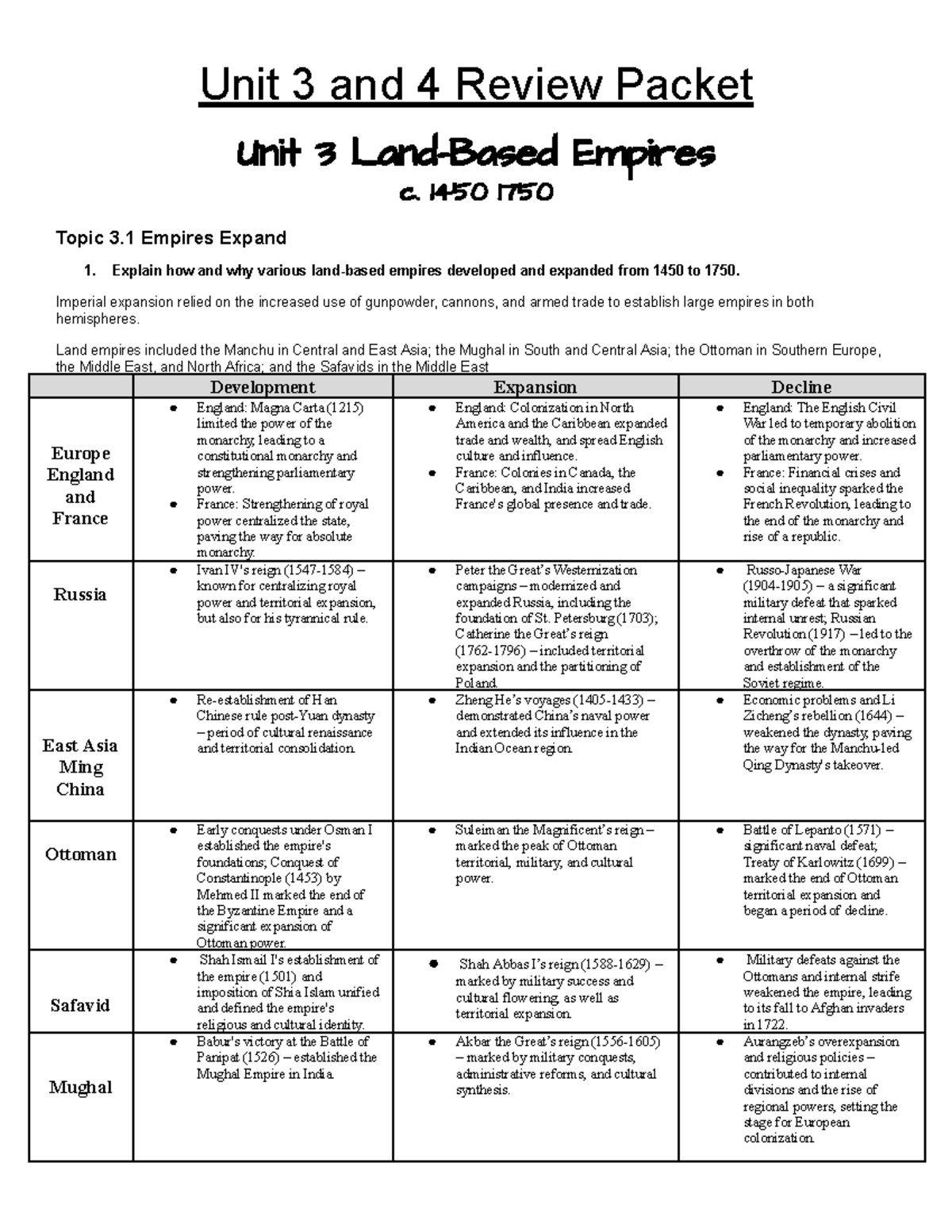 Copy of Unit 3 and 4 Review Packet - Unit 3 and 4 Review Packet Unit 3 ...