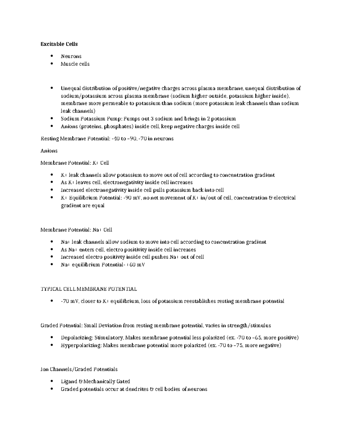 Physiology UNIT TWO- Ch. 7, 8, & 9 - Excitable Cells Neurons Muscle ...