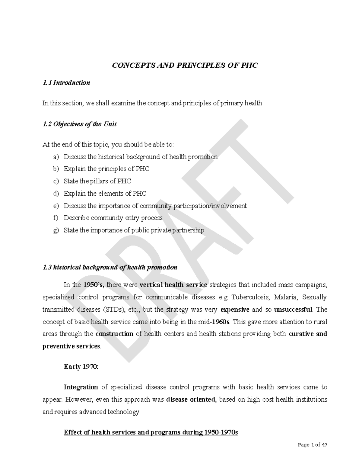 Primary Health Care - Detailed notes - CONCEPTS AND PRINCIPLES OF PHC 1 ...