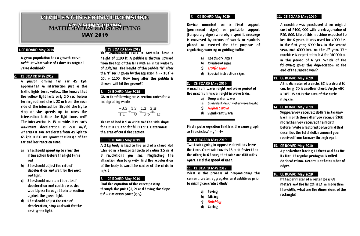 May 2019 past ce board exam - MATHEMATICS and SURVEYING MAY 2019 1 ...