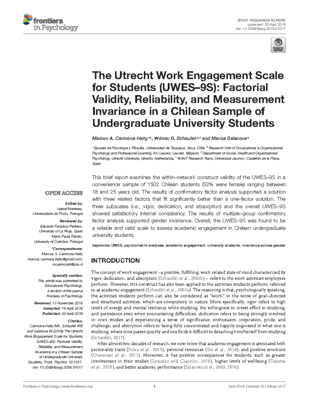 The Utrecht Work Engagement Scale for Students UWE - BRIEF RESEARCH ...