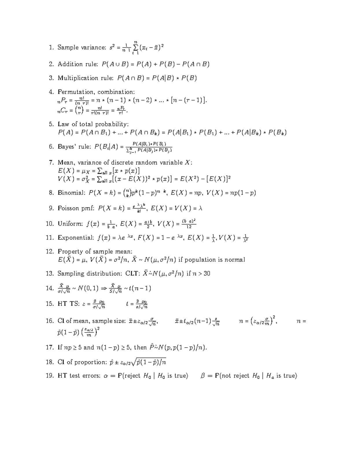 1131-cheat sheet - Sample variance: s 2 1 n 1 n P i 1 x i x ̄ 2 ...