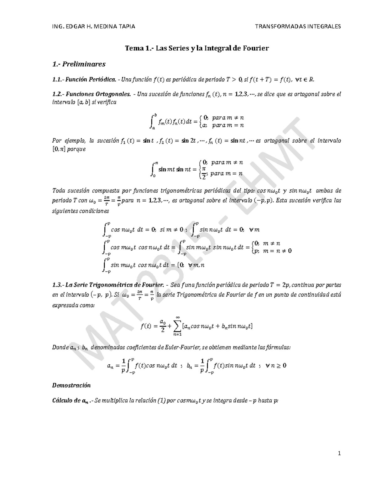 MAT 2315 1-1 - Transformadas integrales - Tema 1.- Las Series y la Integral de Fourier 1.- - Studocu