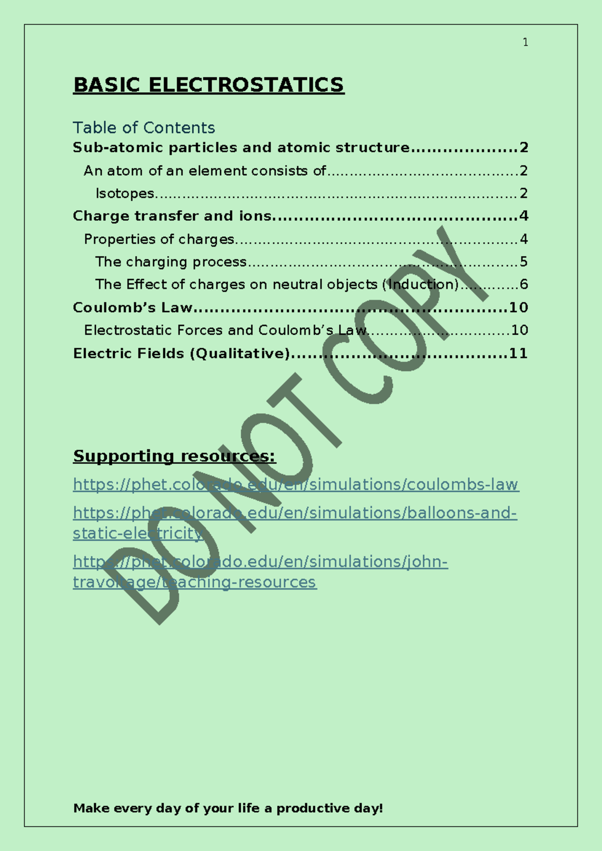 Electrostatic - BASIC ELECTROSTATICS Table of Contents Sub-atomic ...