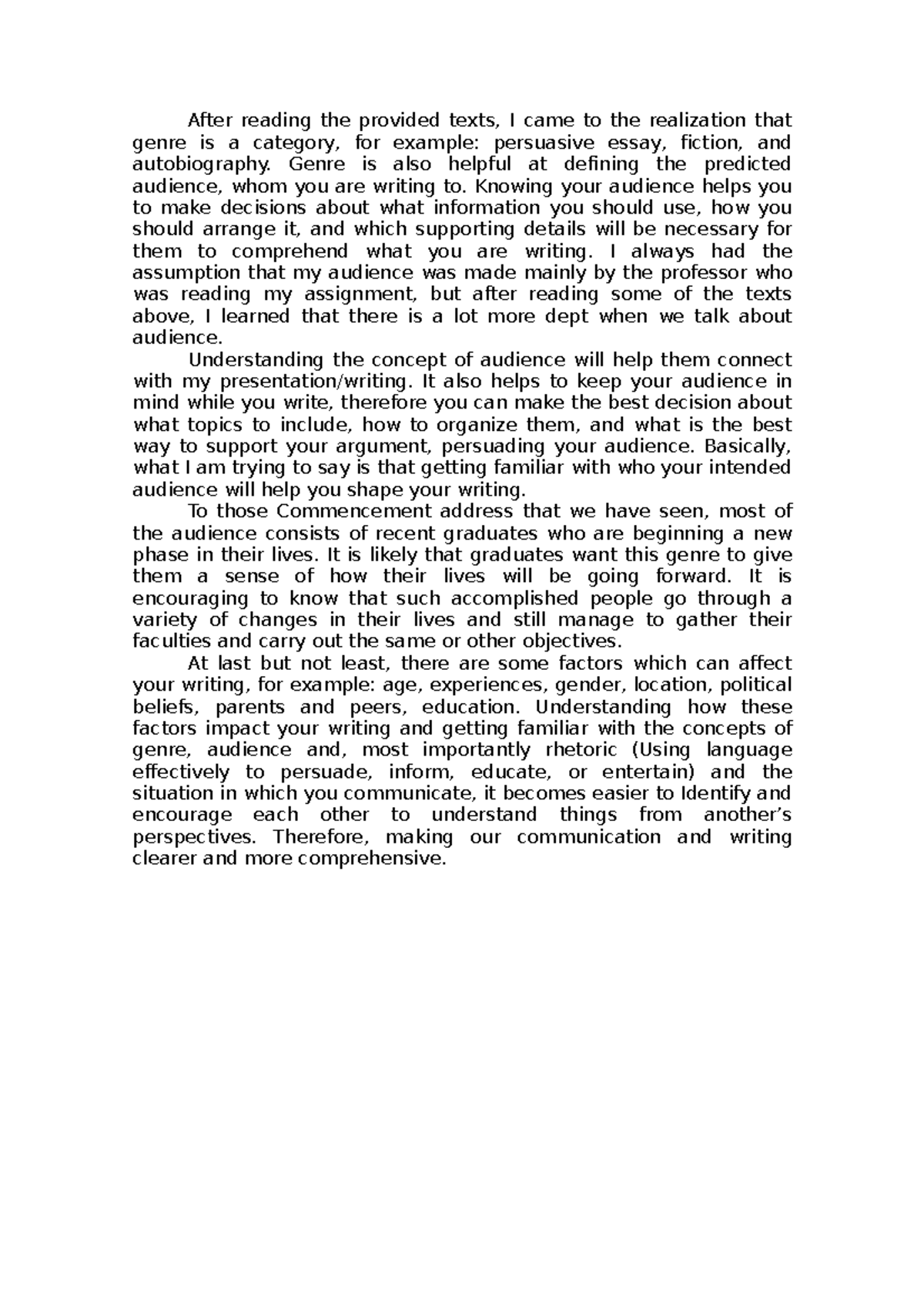 Composition I - Genre and Audience - After reading the provided texts ...