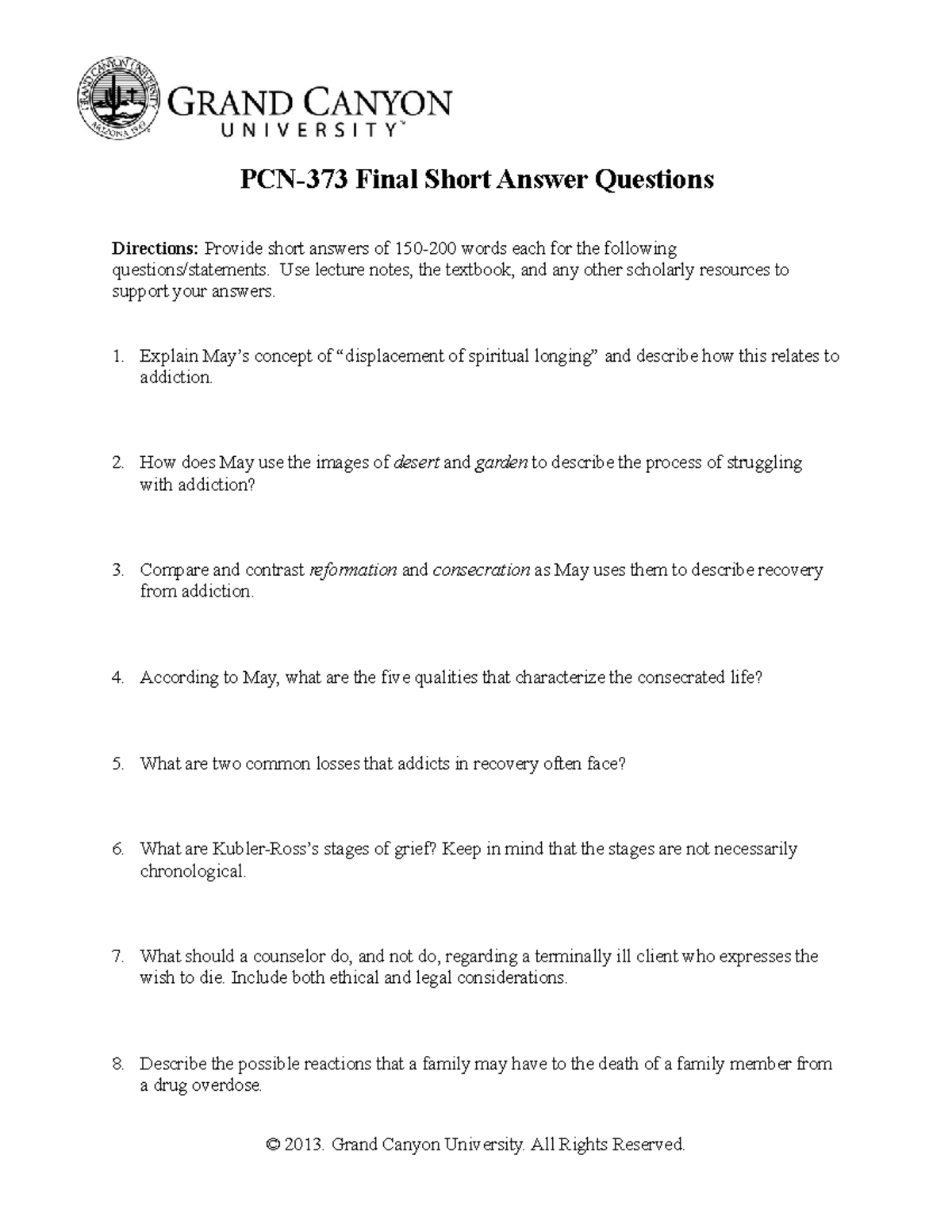 PCN-373 Topic 8 Final Exam - PCN-373 Final Short Answer Questions ...