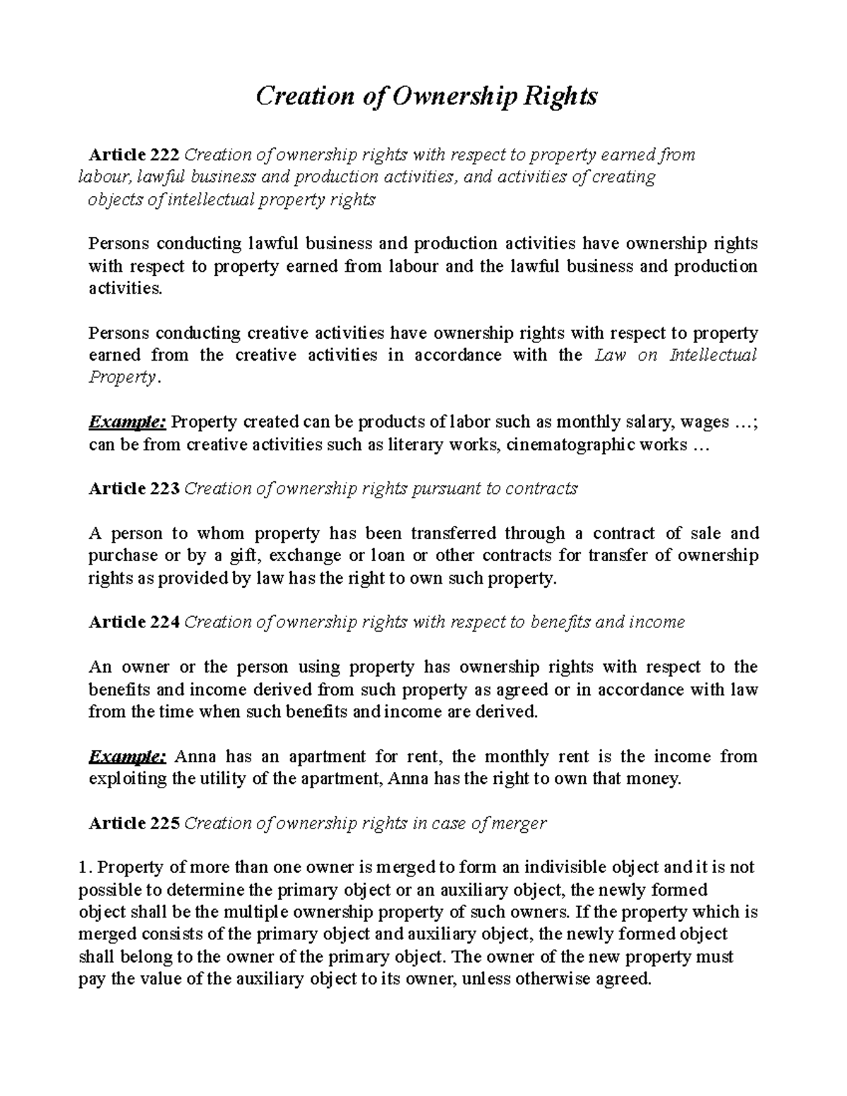 Creation and Termination of ownership rights 1 - Creation of Ownership ...