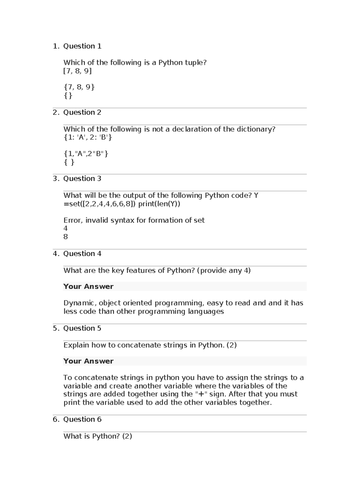 Python test 1 2024 - Which of the following is a Python tuple? [7, 8, 9 ...