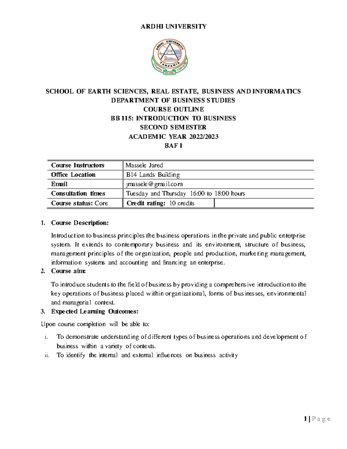 BB 115 Introduction to Business - Course Outline - ARDHI UNIVERSITY ...