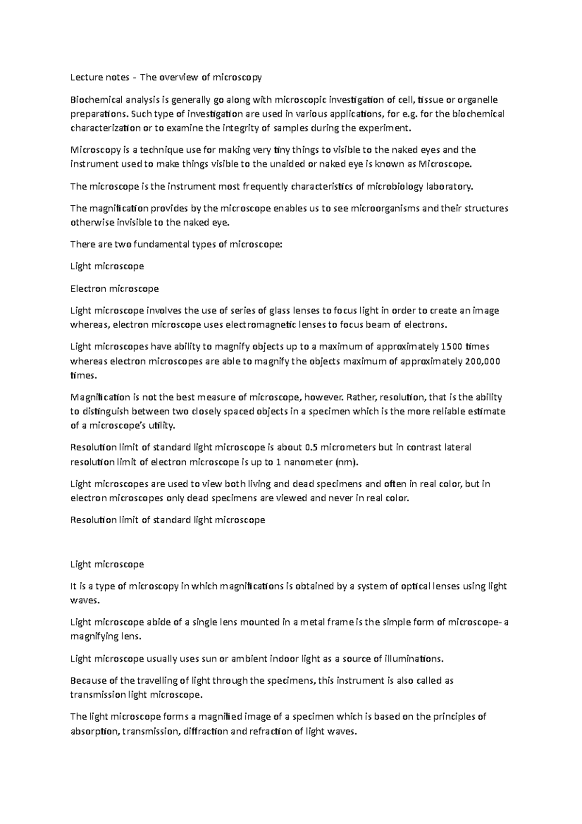 Lecture notes - The overview of microscopy - Lecture notes - The ...