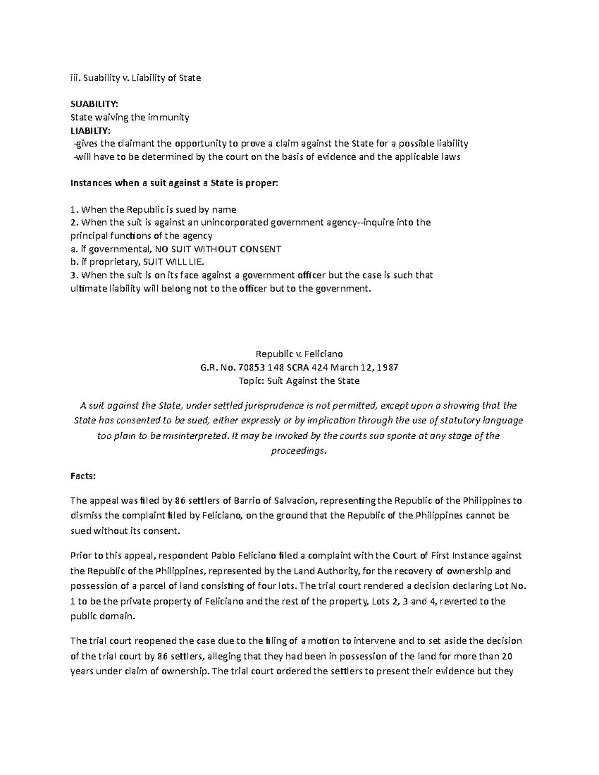 Consti Digest 1 - Notes - iii. Suability v. Liability of State ...