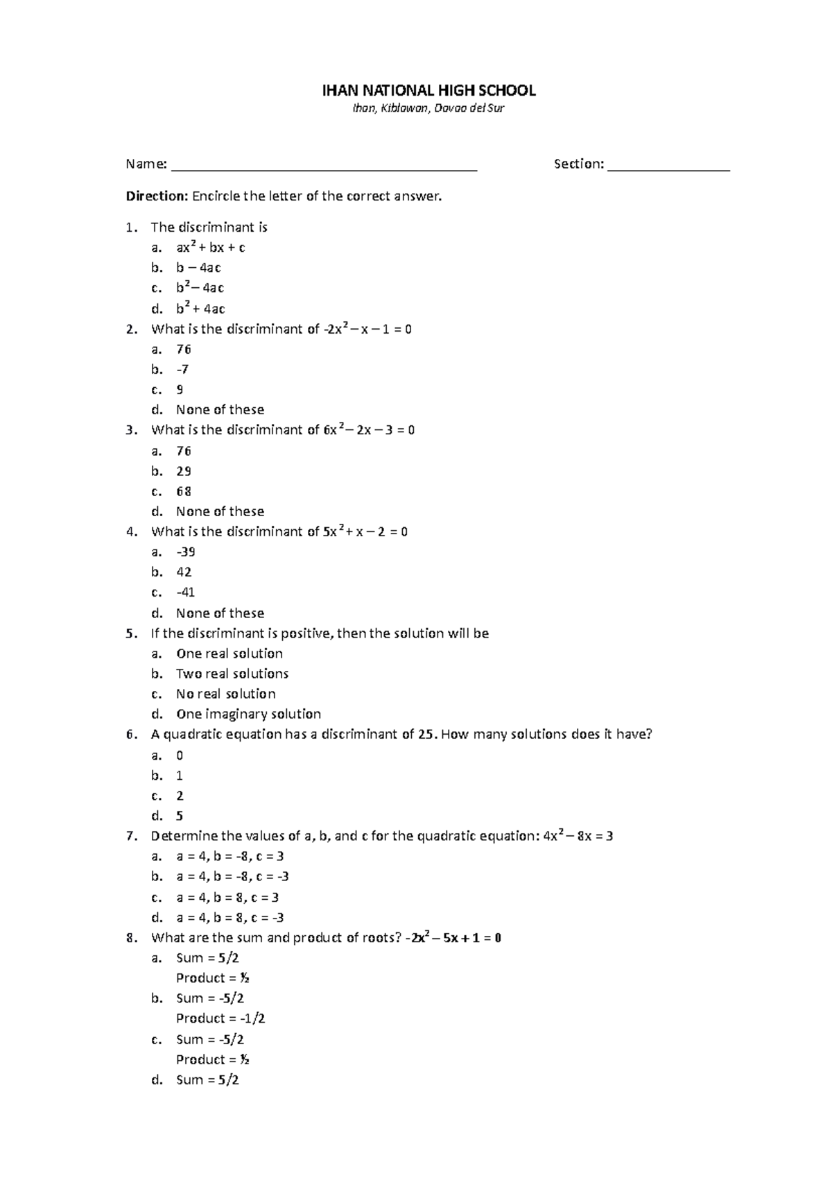 MATH QUIZ DHHiscriminant - IHAN NATIONAL HIGH SCHOOL Ihan, Kiblawan ...