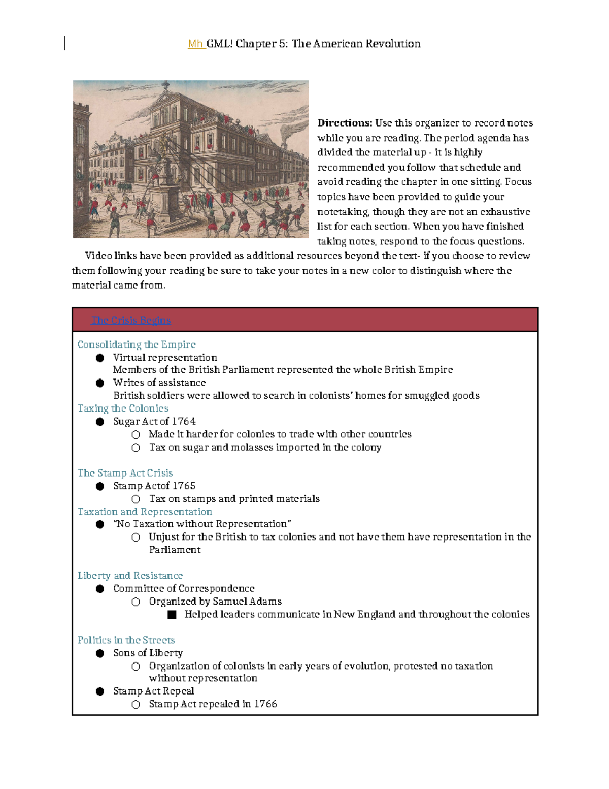 GML Chapter 5 The American Revolution - Directions: Use this organizer ...