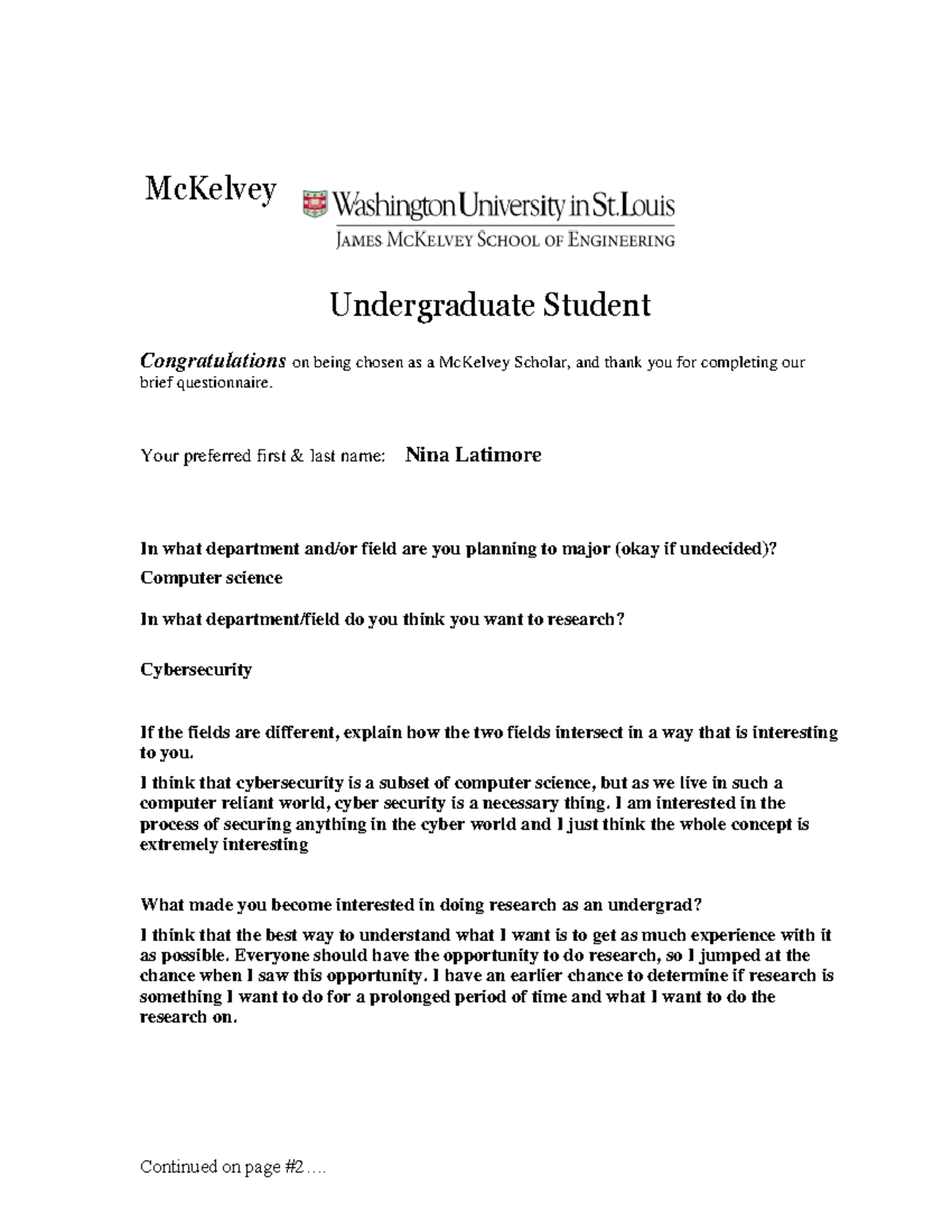 Bio Questionnaire for newly minted Mc Kelvey - Continued on page #2 ...