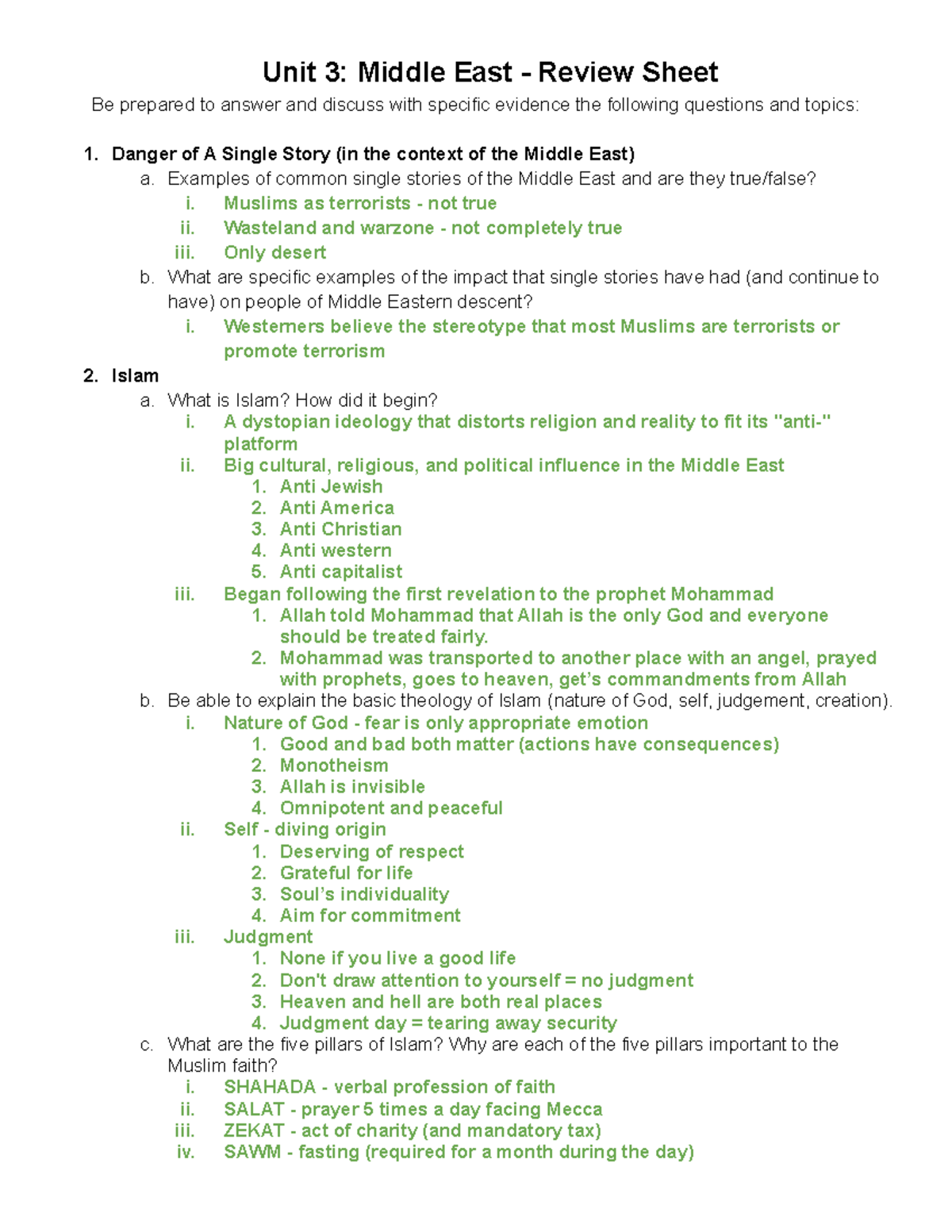 Middle East Review Sheet - Unit 3: Middle East - Review Sheet Be ...