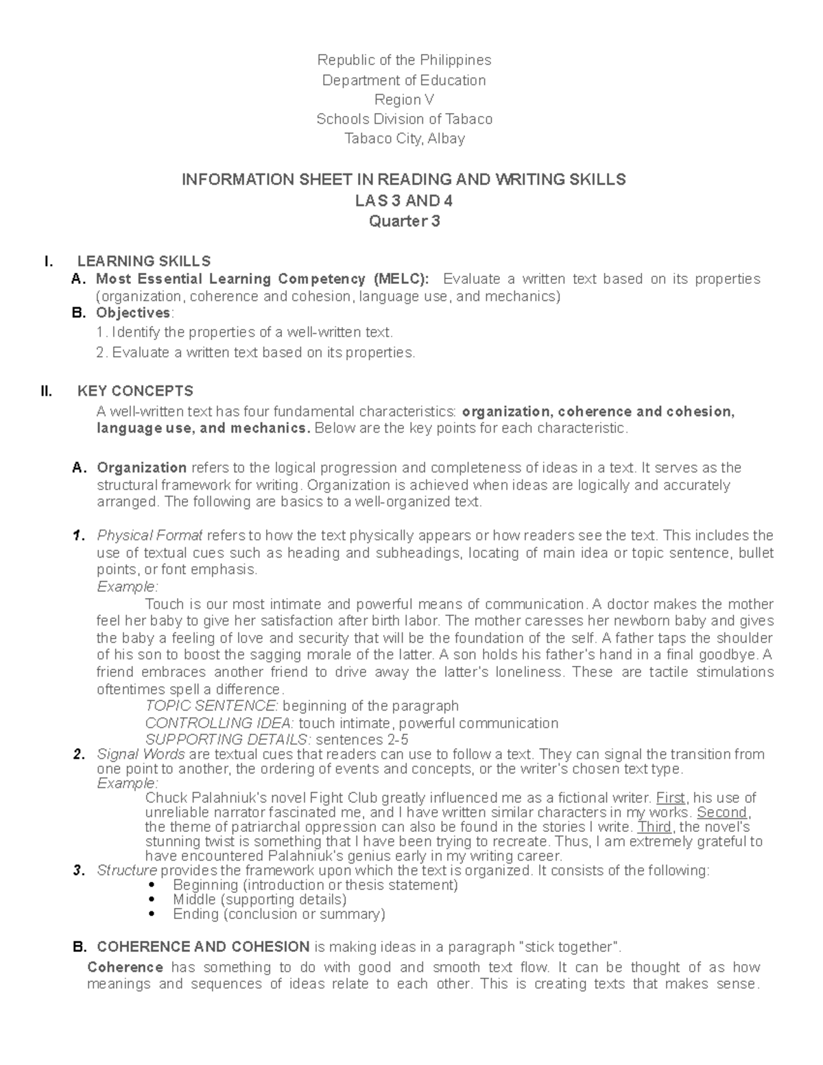 Reading and Writing LAS 3 and 4 with info sheet - Republic of the ...