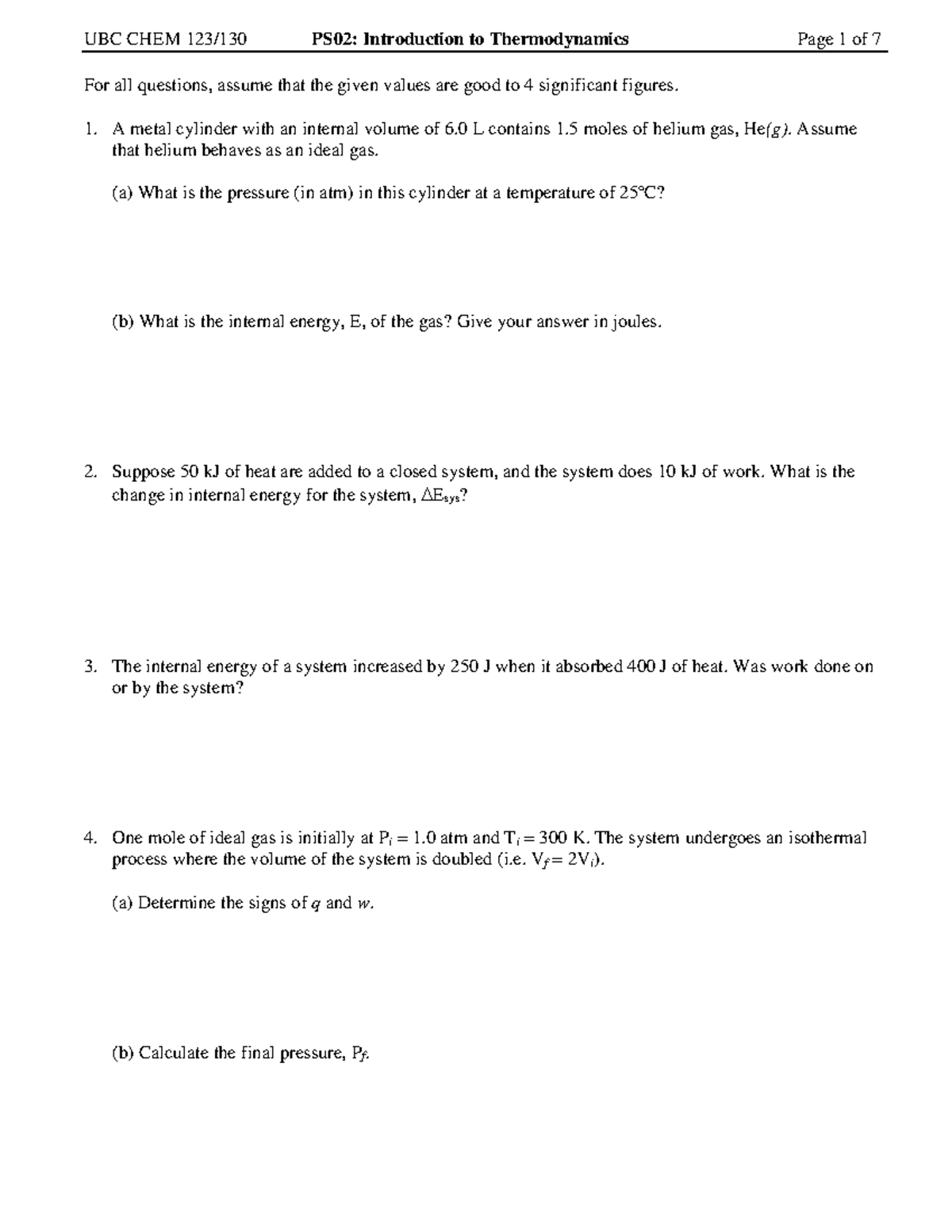 PS02 PC Intro Thermo - Answer Key - For all questions, assume that the ...