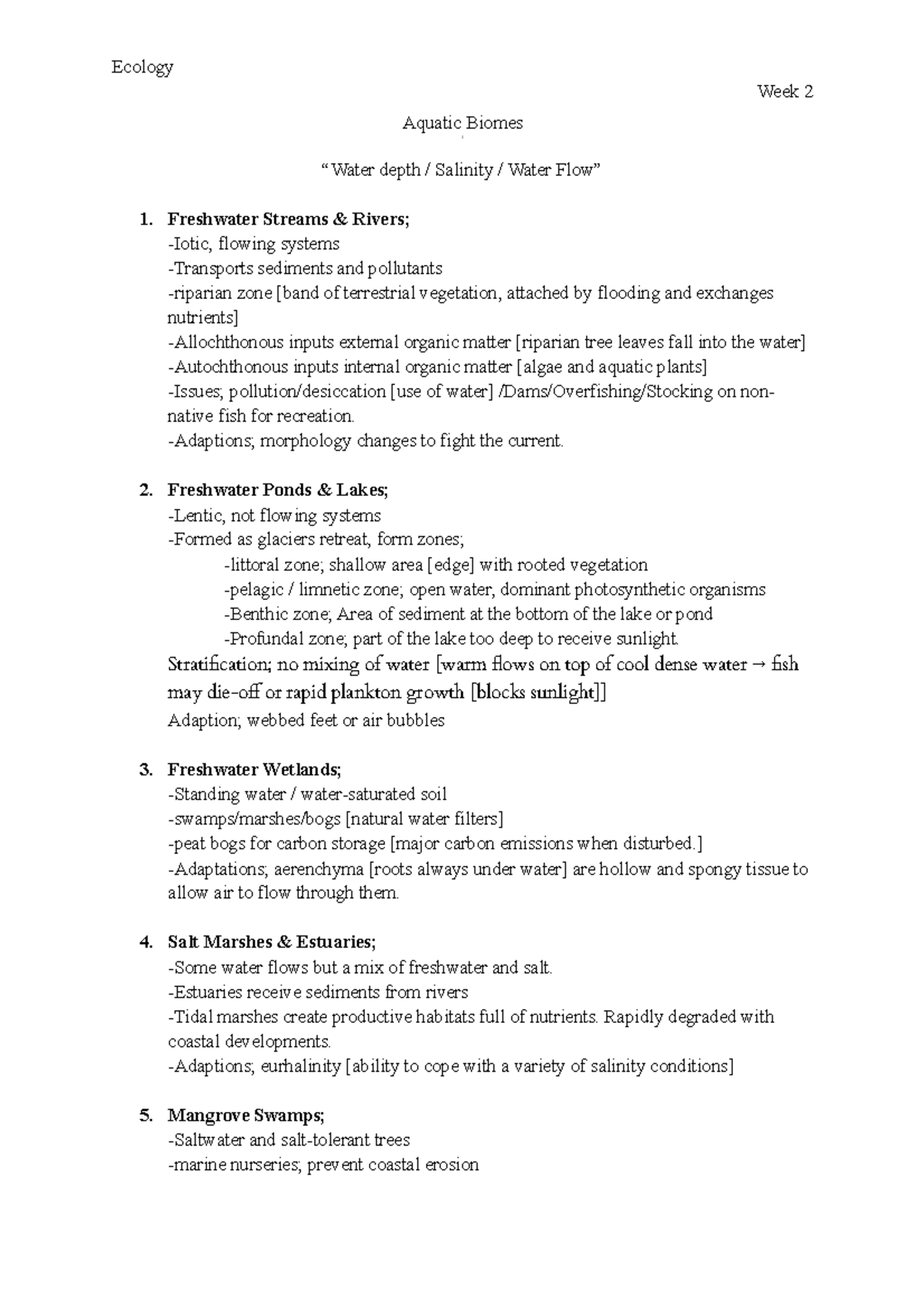 Aquatic Biomes - week 2 - Lecture notes 2 - Ecology Week 2 Aquatic ...