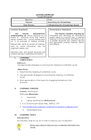 Grade 7 DLP 2 - n/a - LESSON PLAN Grade 7-English Content Standard: The ...