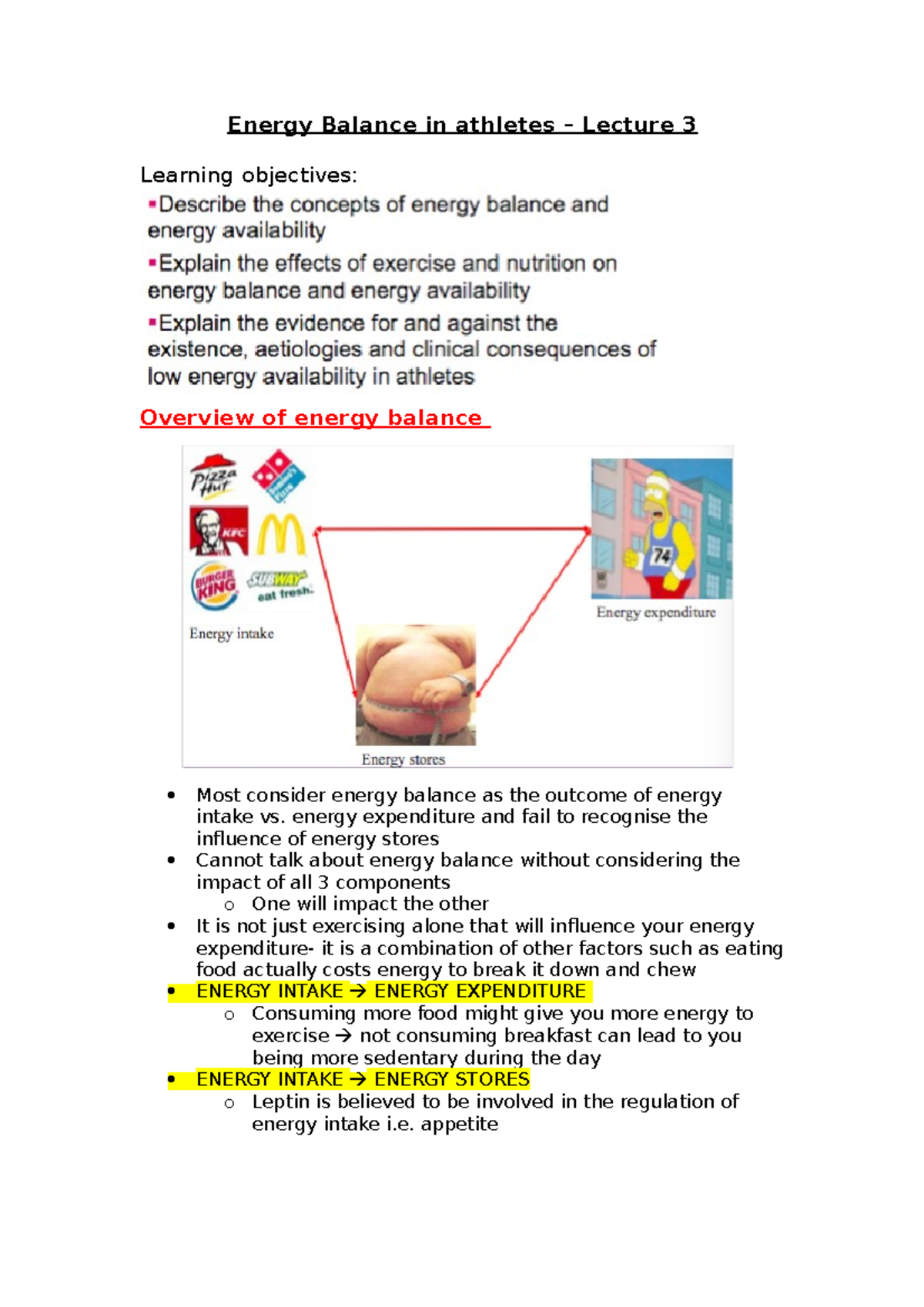 Revision - lecture 3 energy balance - Energy Balance in athletes ...