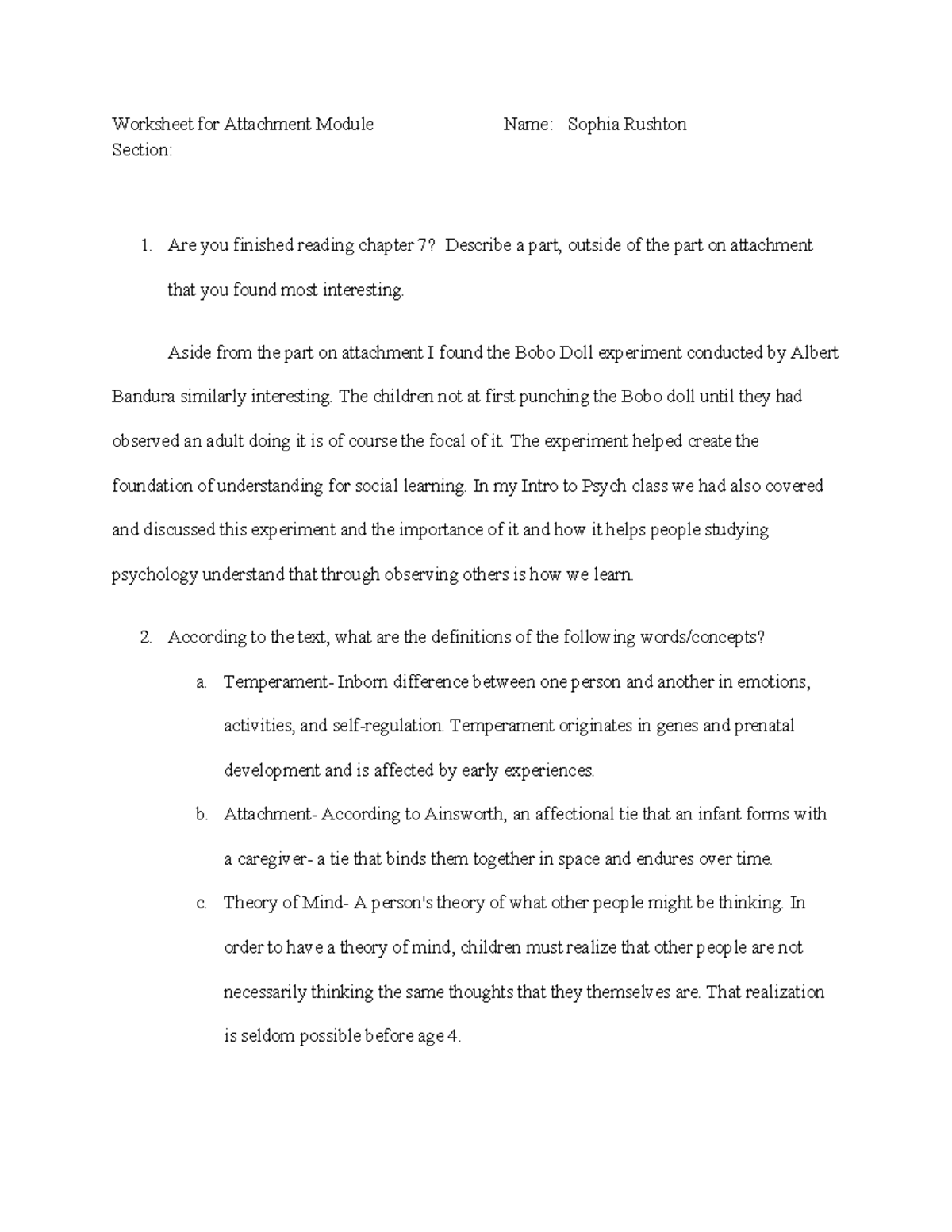 Online class - Worksheet for Attachment Module - Worksheet for ...