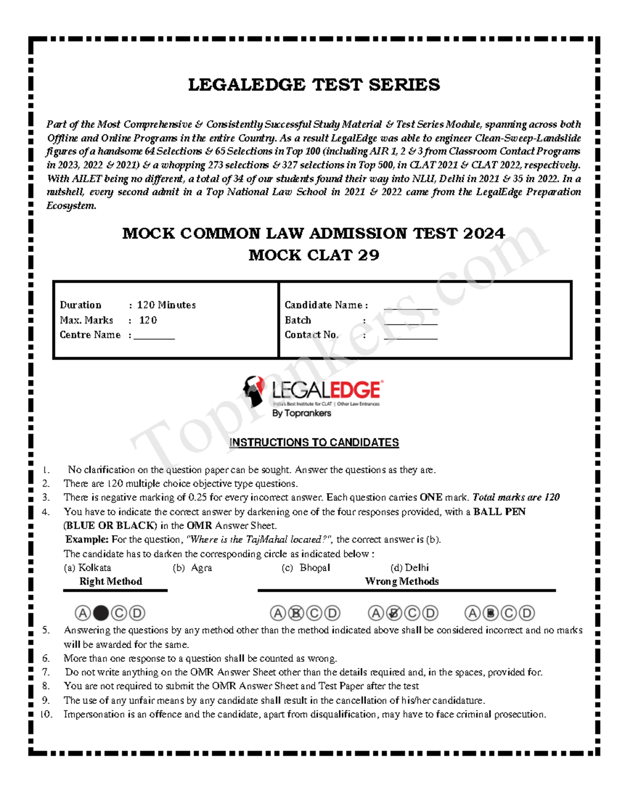 Mock CLAT 29 Question Paper 5580218 - LEGALEDGE TEST SERIES Part of the ...