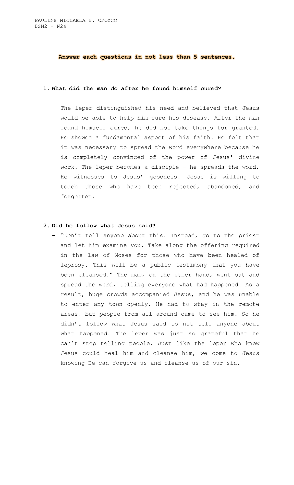 3 Lesson 6 - ASSIGNMENT - PAULINE MICHAELA E. OROZCO BSN2 – N2 4 Answer each questions in not ...