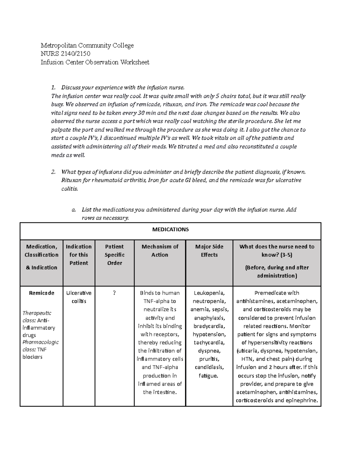 Infusion Nurse Clinical week 4 Worksheet - Metropolitan Community ...