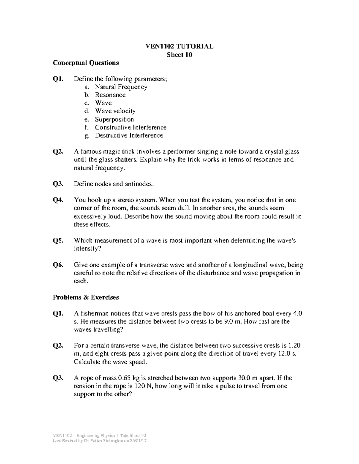 VEN1102 tute10 - Wave Motion - VEN1102 – Engineering Physics 1 Tute ...