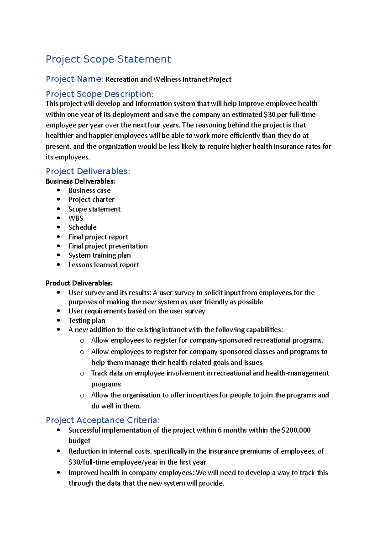 Part 2 - Task 2 - Project Scope Statement - Project Scope Statement ...