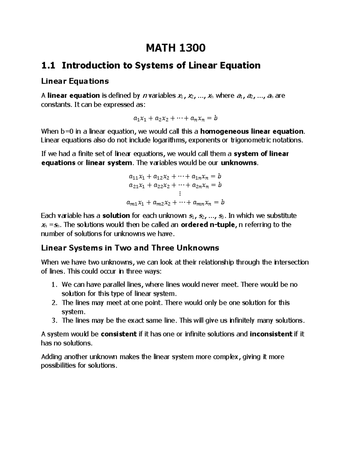 Introduction to Systems of Linear Equations - Studocu