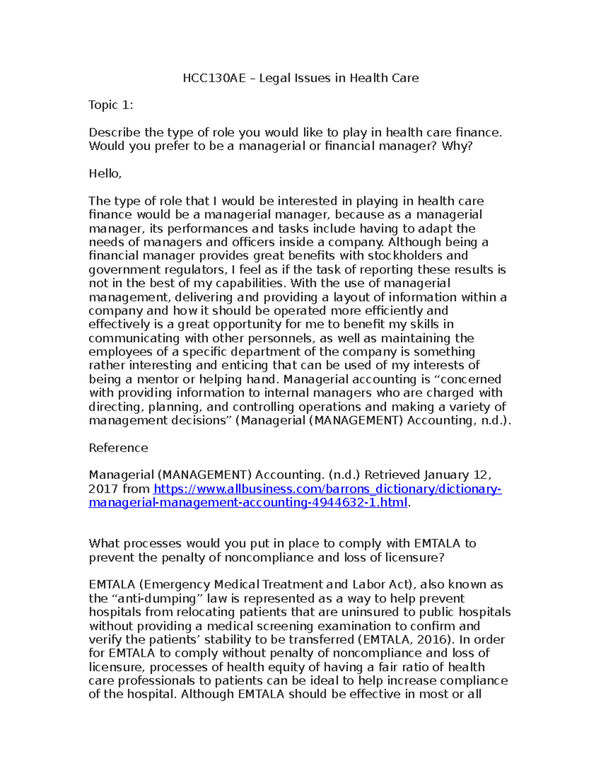 HCC130AE - Legal Issues in Health Care Topic 1 - HCC130AE – Legal ...