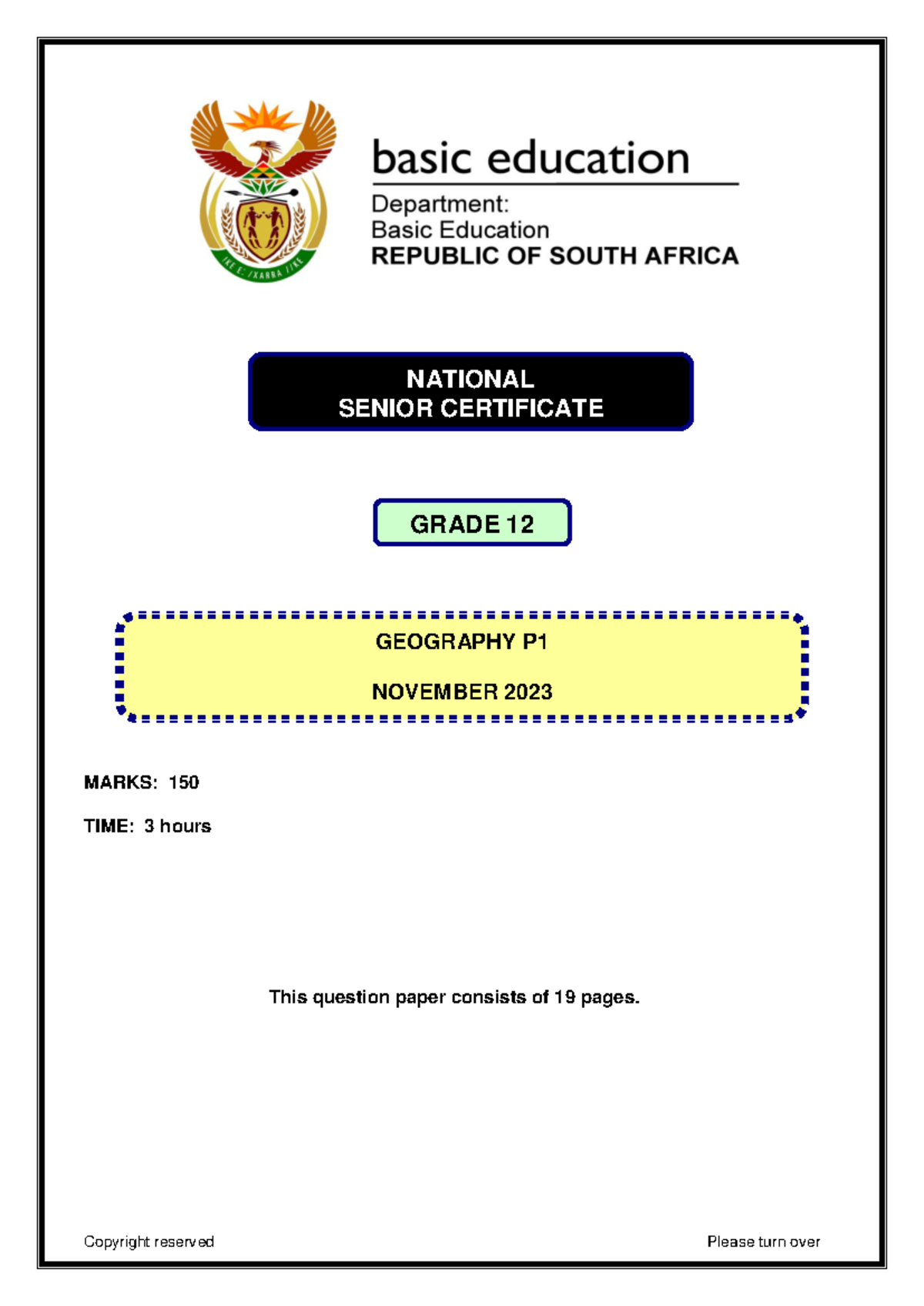 Geography P1 Nov 2023 Eng - MARKS: 150 TIME: 3 hours This question ...